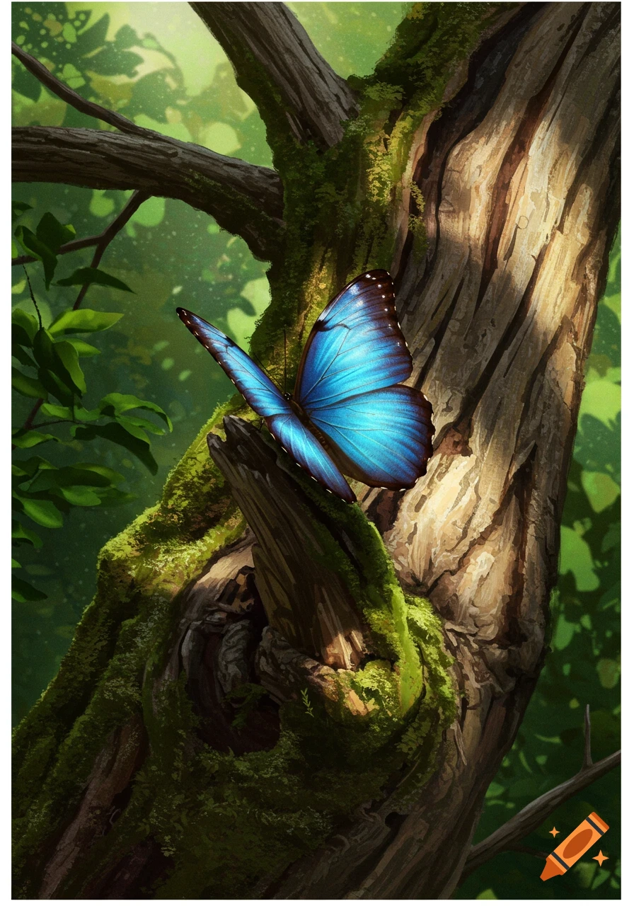 A blue morpho butterfly rests on a moss-covered tree branch in a forest ...