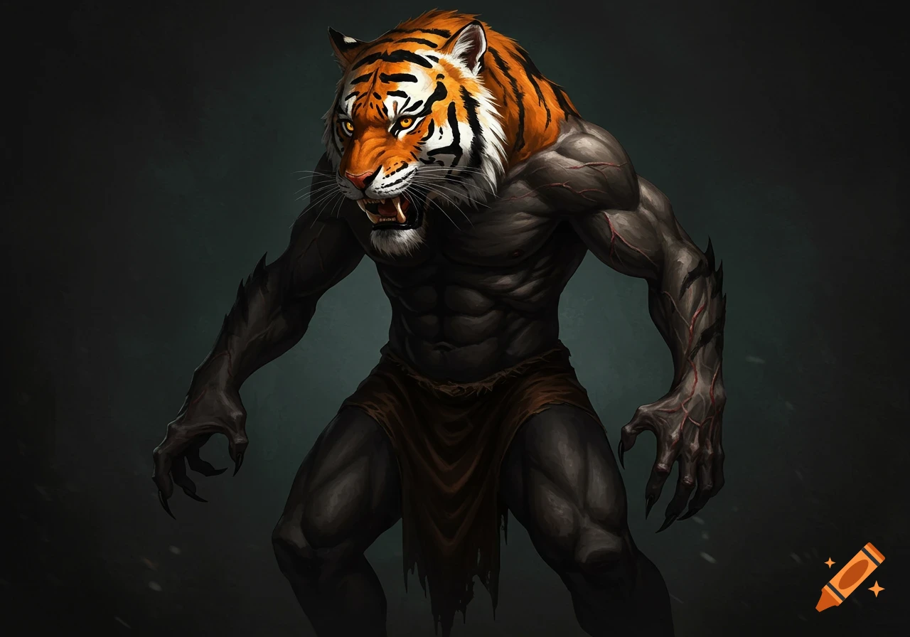 A muscular creature with a tiger's head and sharp claws. on Craiyon
