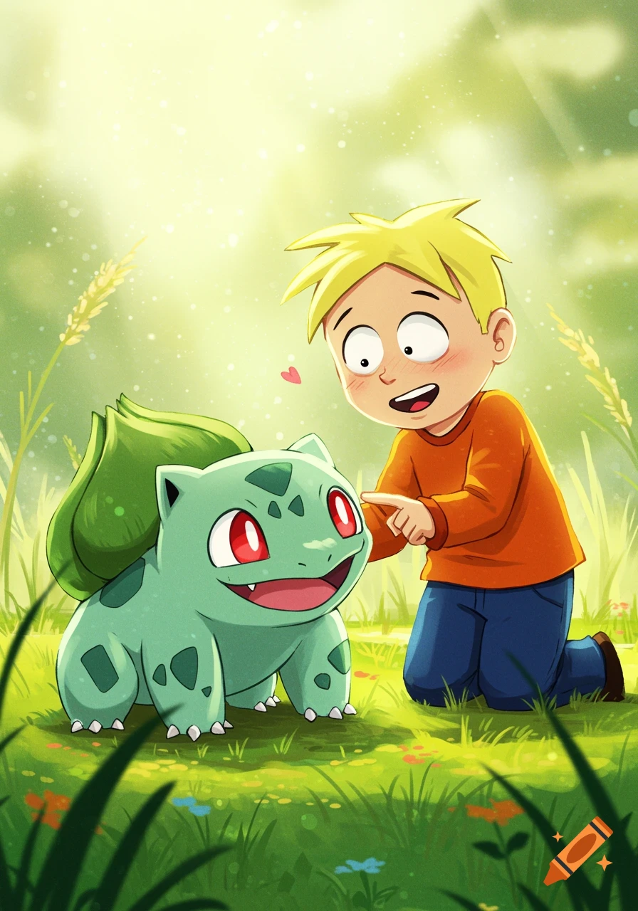 A blonde cartoon boy kneels and points at a smiling Bulbasaur in a ...