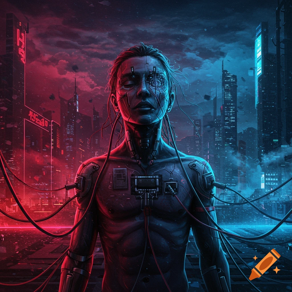 Cybernetic person with wires in a dystopian cityscape, digital art. on ...