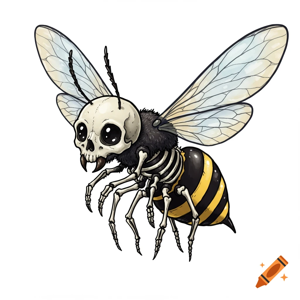An illustration of a bee with a skeleton head and thorax flying. on Craiyon