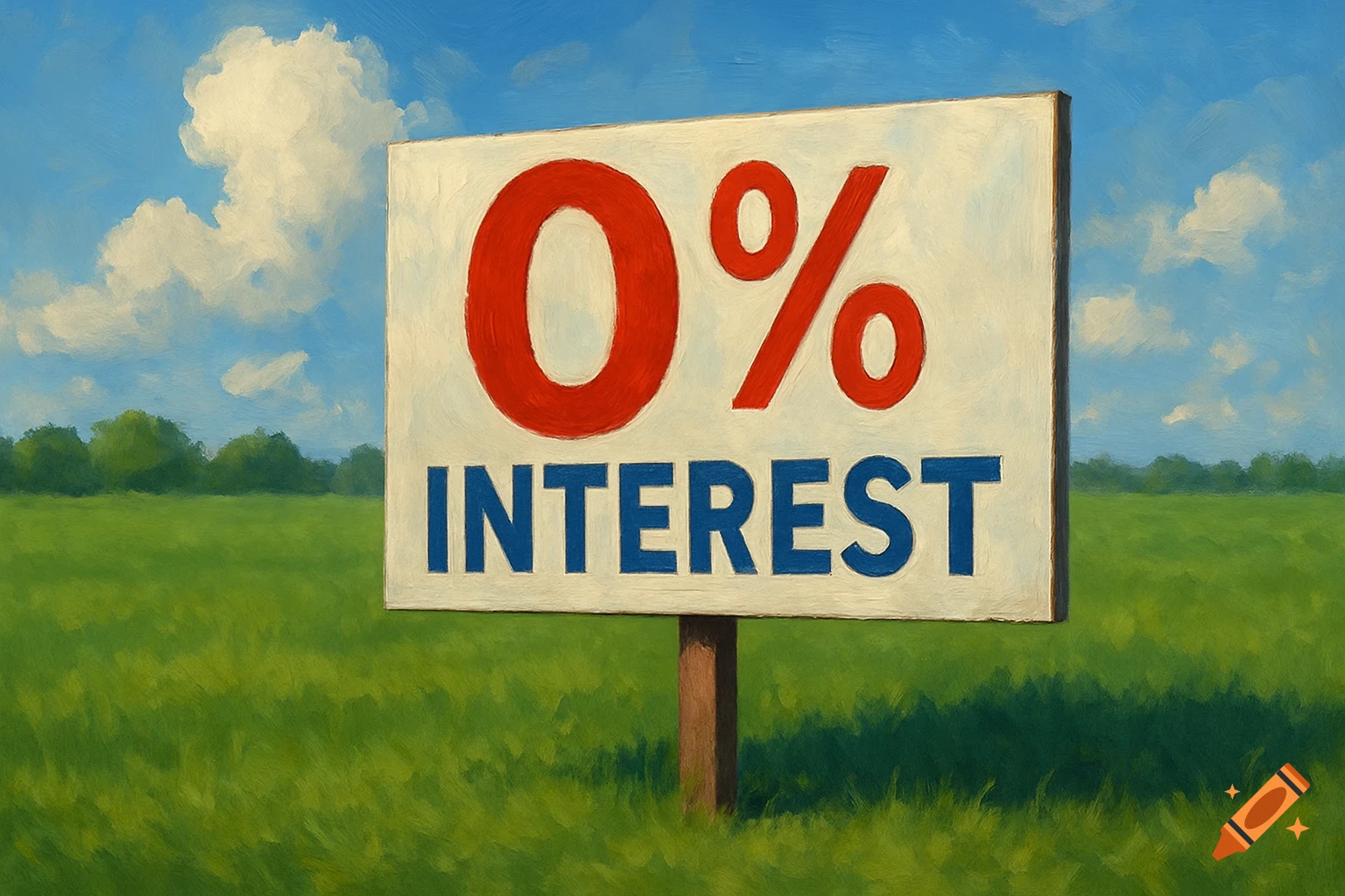 Sign reading '0% Interest' in a green field under a cloudy sky ...