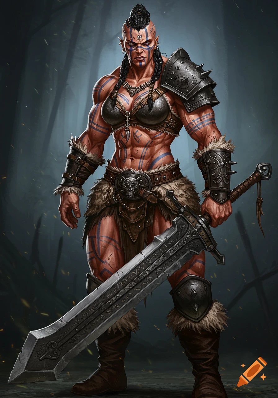 A muscular female barbarian with tribal tattoos and armor stands ...