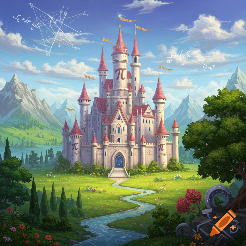 Fantasy castle decorated with pi symbols and math equations floating in ...