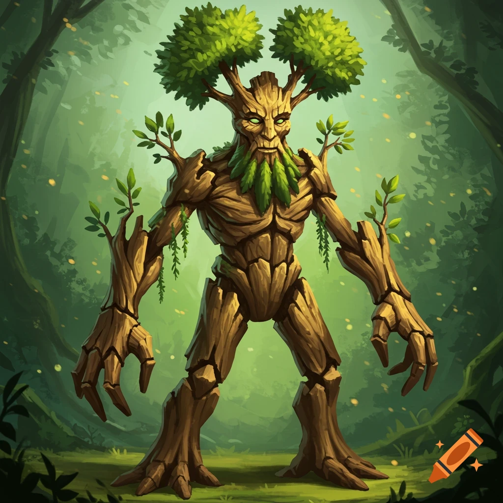 A fantasy illustration of a tree creature standing in a forest clearing ...