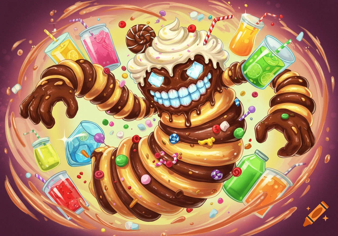 A fantasy creature made of chocolate swirls, cream, and candy with ...