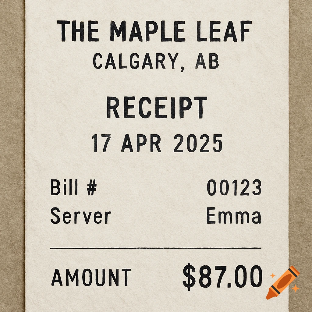 A paper receipt from The Maple Leaf restaurant in Calgary dated April ...