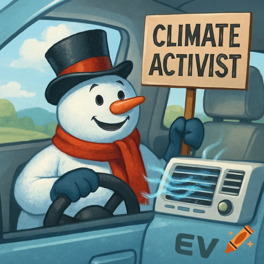 A cartoon snowman in a car holds a sign that reads 'Climate Activist ...