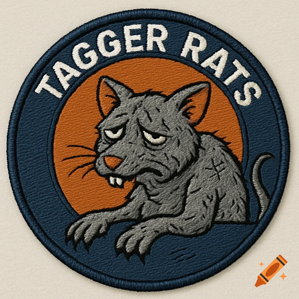 Embroidered patch featuring a sad-looking gray rat with large teeth and ...
