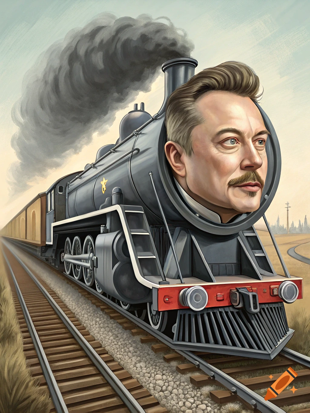 Illustration of Elon Musk's head on the front of a steam train. on Craiyon