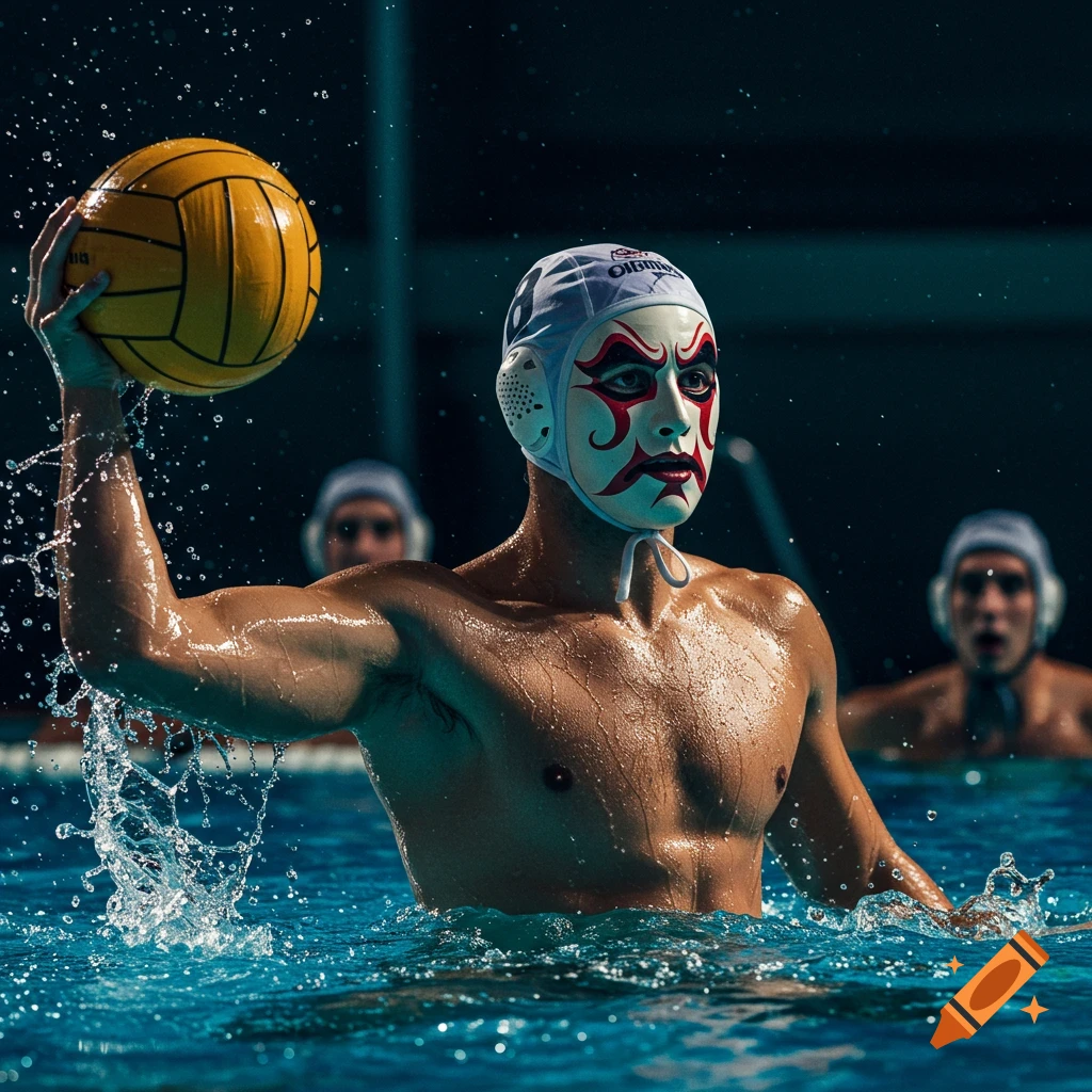 A water polo player wearing a mask and cap holds the ball in the water ...