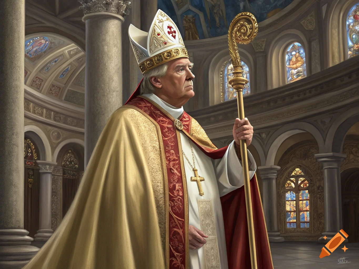 Painting of a person resembling Donald Trump in papal robes, miter, and staff inside a church ...
