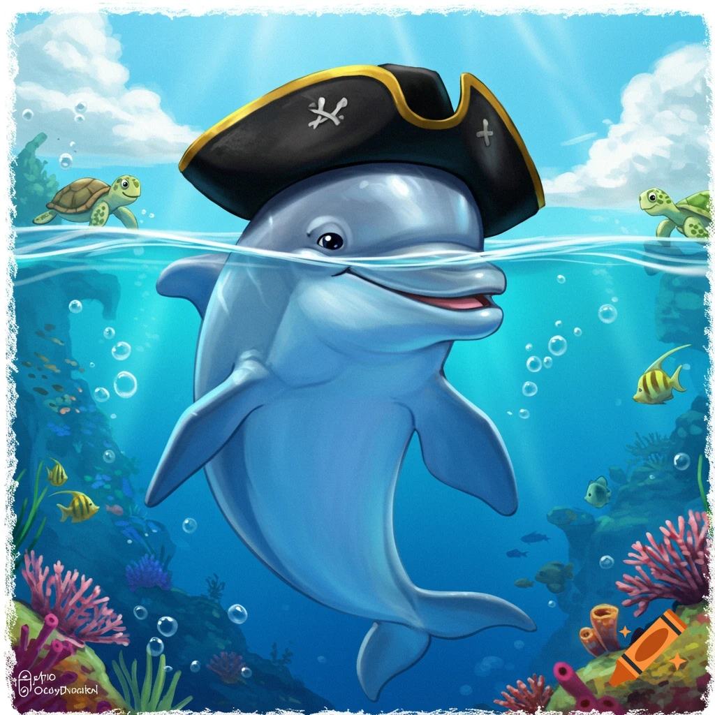 Cartoon dolphin in a pirate hat underwater with turtles and fish. on ...