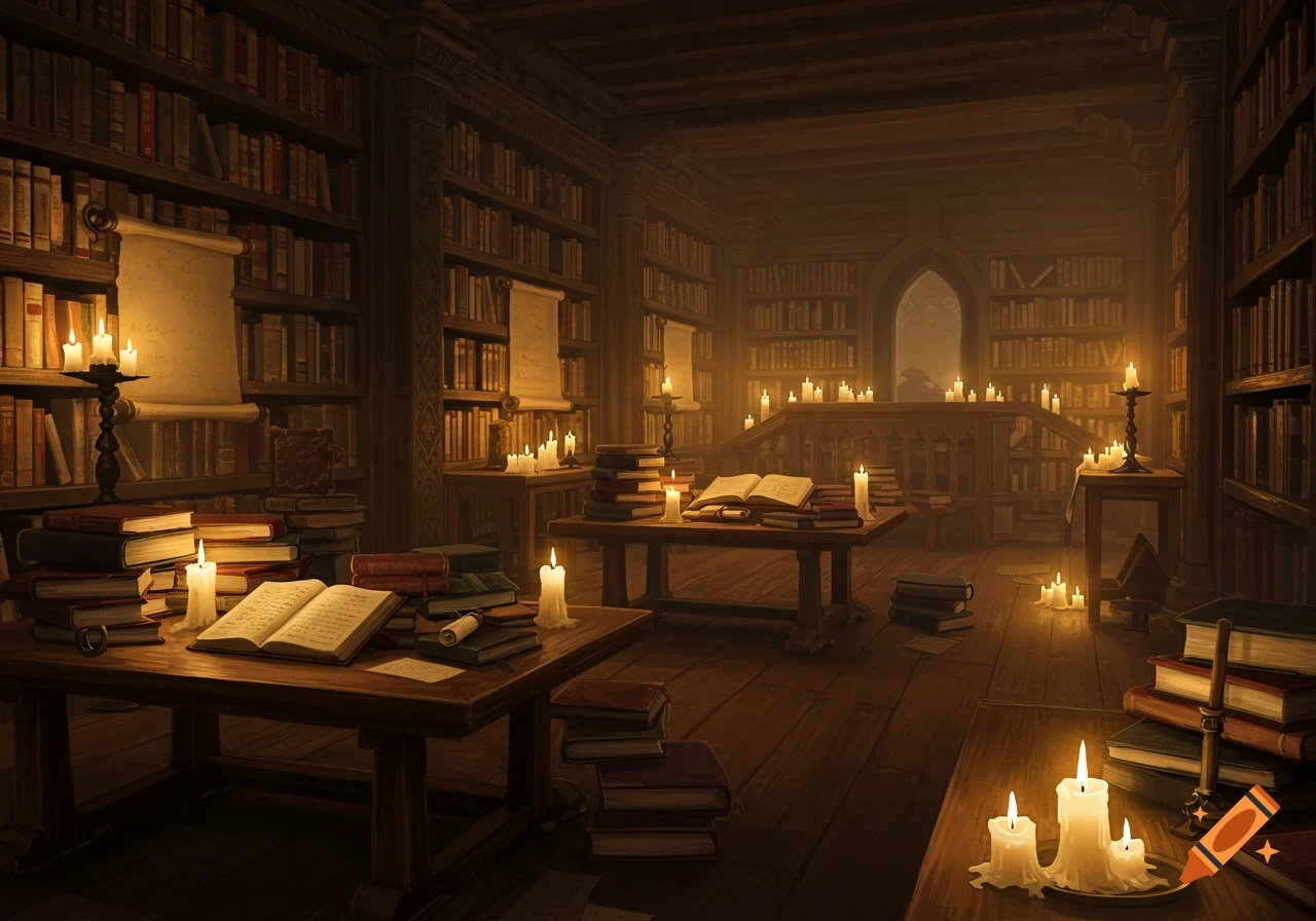 A dimly lit medieval library filled with shelves of books, tables piled ...