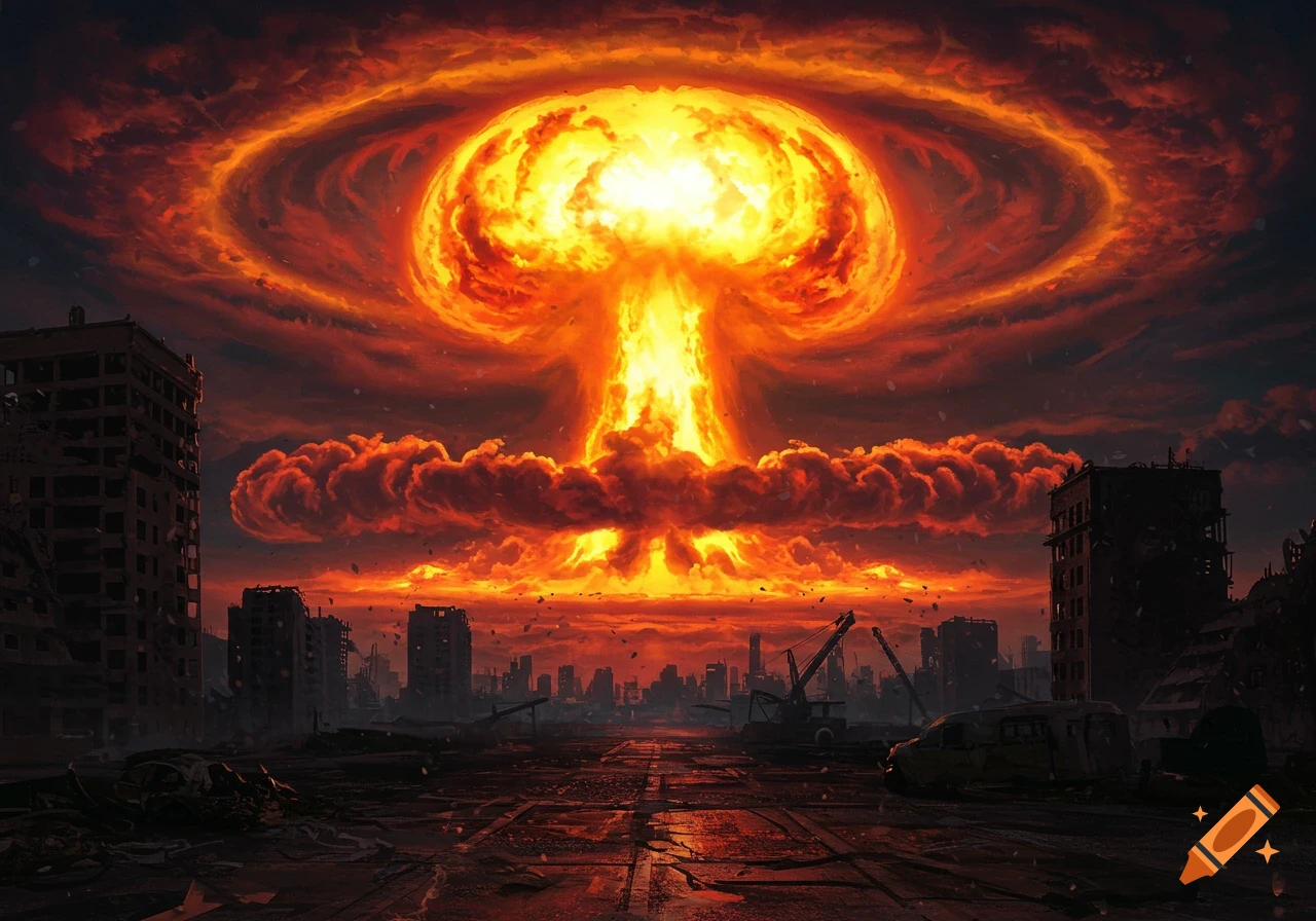 A massive nuclear explosion towers over a ruined city landscape under a ...