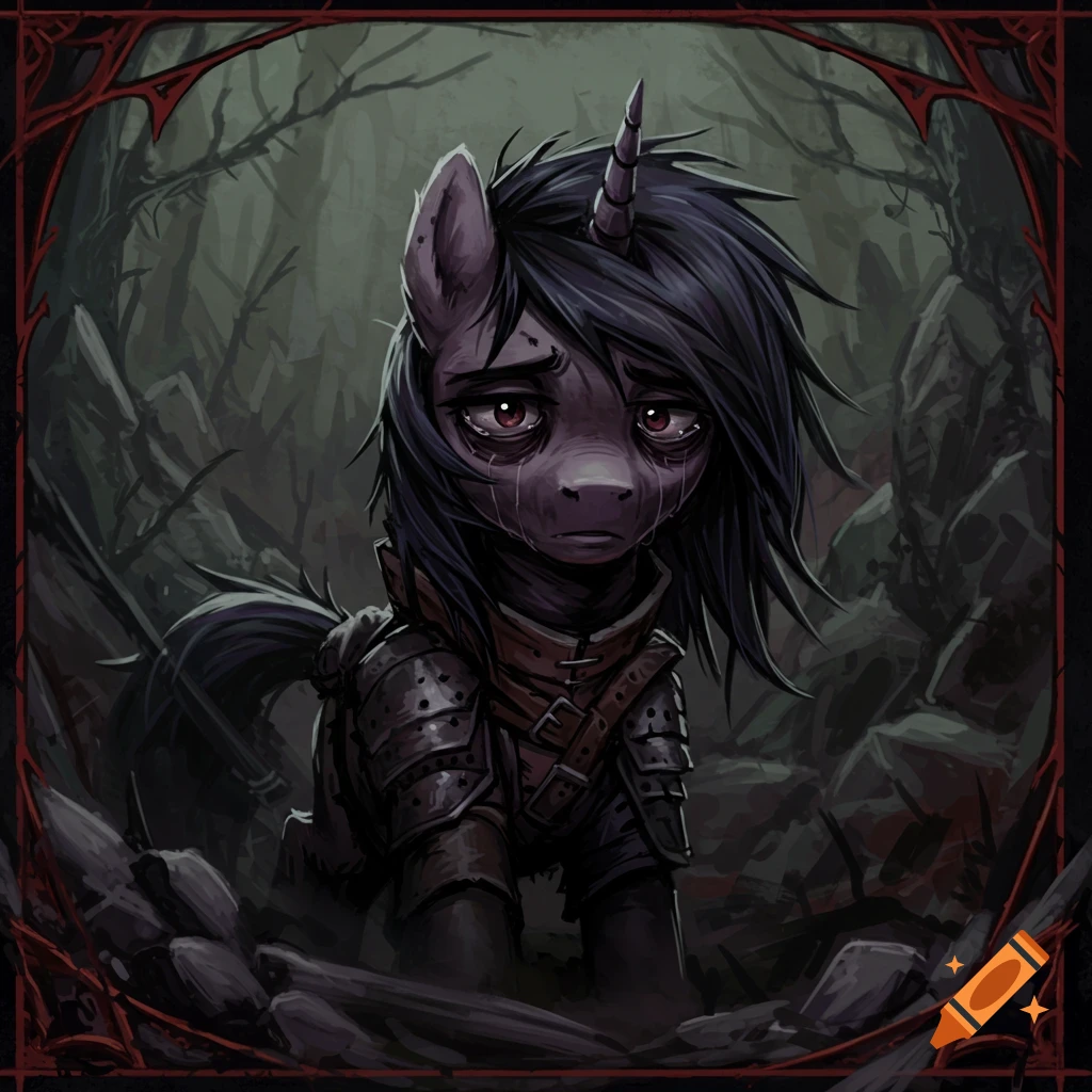 Dark fantasy illustration of a sad unicorn pony in armor in a dark ...
