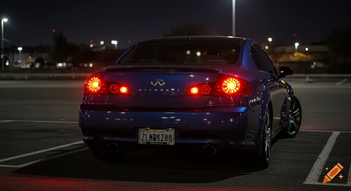 Rear view of a blue Infiniti G35 coupe parked at night with taillights ...