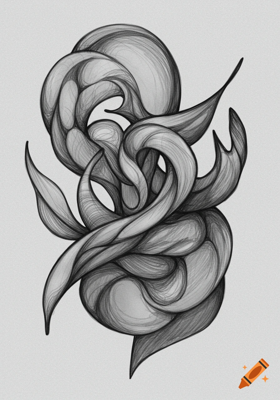 Pencil drawing of abstract intertwined shapes on Craiyon