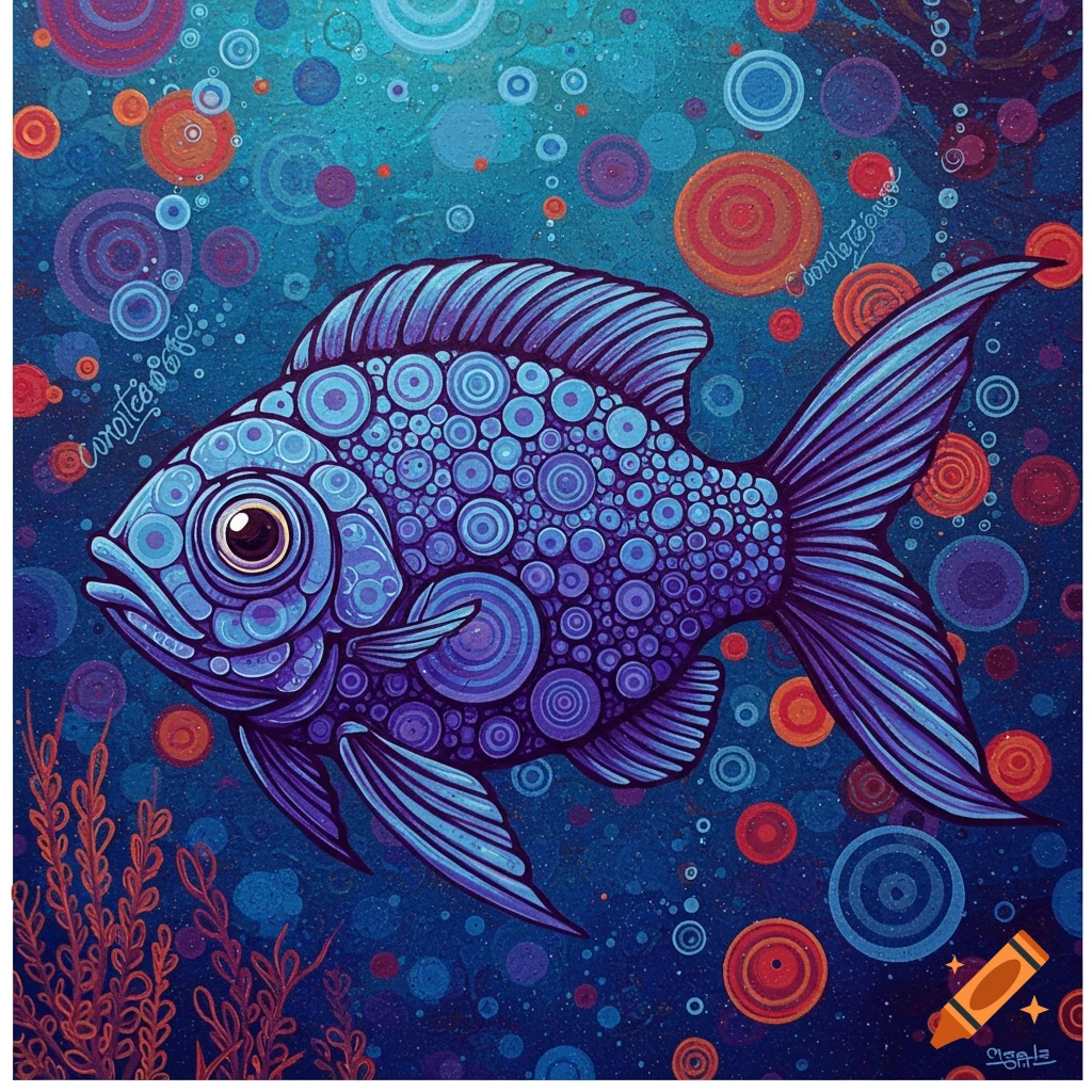 Stylized blue fish with circular patterns underwater with bubbles and ...