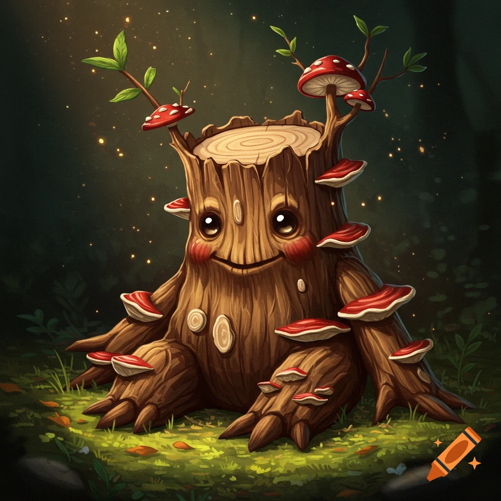 Cute anthropomorphic tree stump with mushroom buttons sitting in a ...