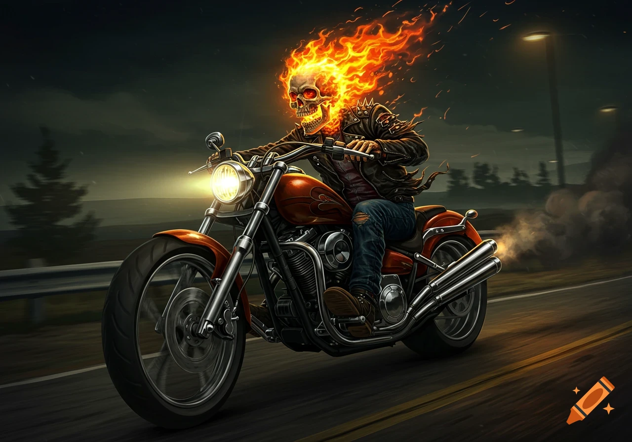 A flaming skeleton rides a motorcycle down a road at night on Craiyon
