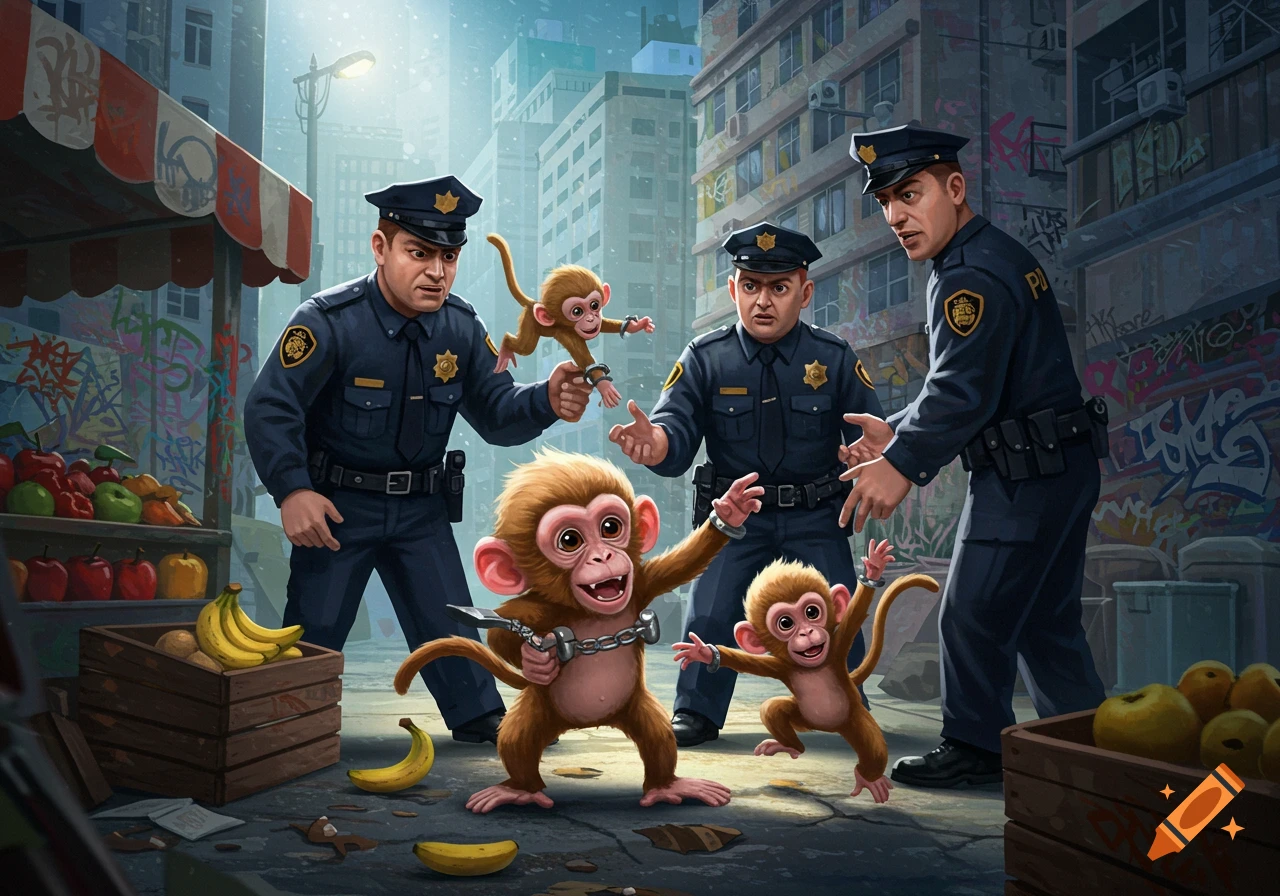 Cartoon illustration of police officers arresting two baby monkeys, one ...