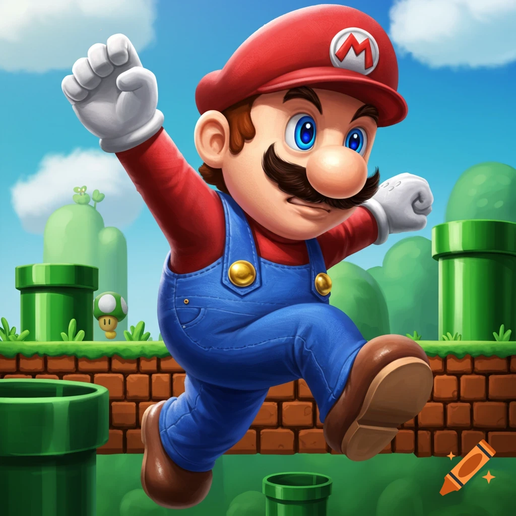 Realistic rendering of Mario jumping in a classic video game level. on ...