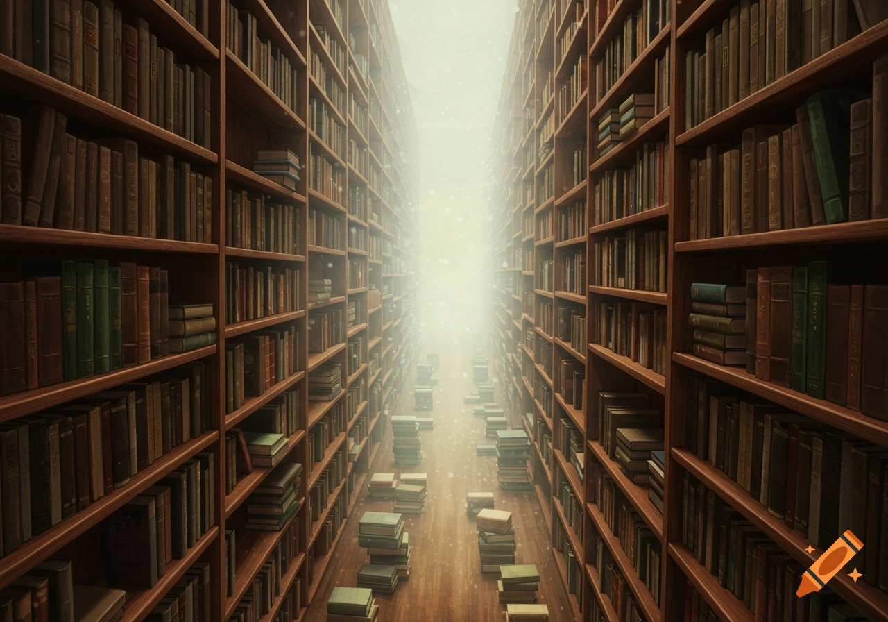 Endless library hallway lined with towering bookshelves and books piled ...