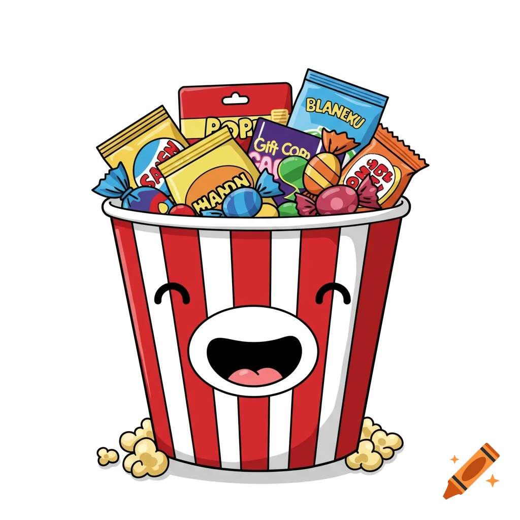 Cartoon popcorn bucket with a face, filled with candy and gift cards ...