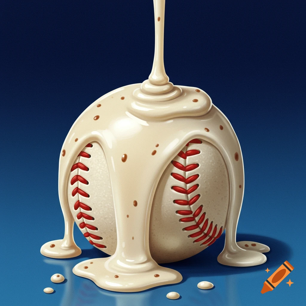 Baseball covered in white gravy dripping onto a blue surface. on Craiyon