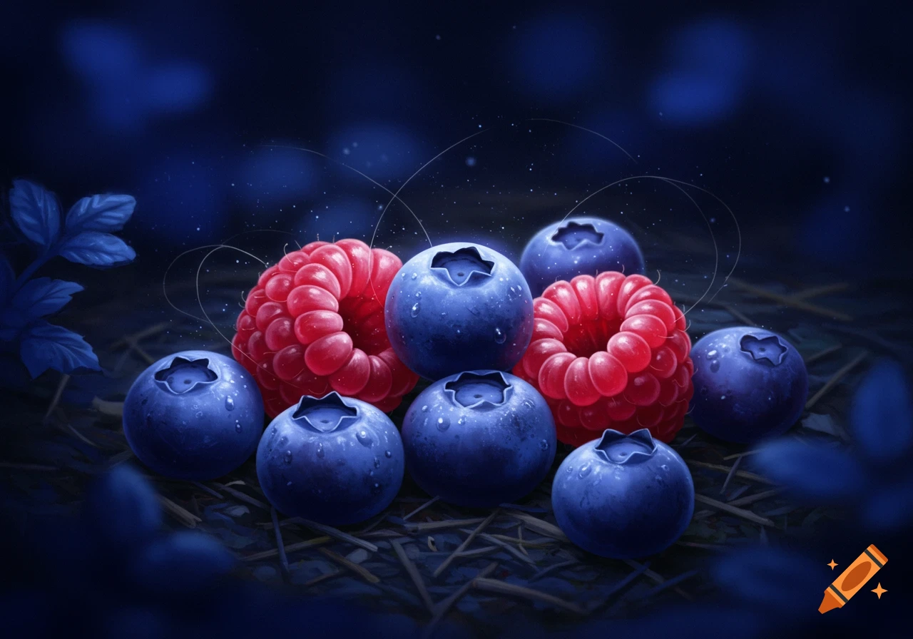 Close-up illustration of blueberries and raspberries glowing by ...