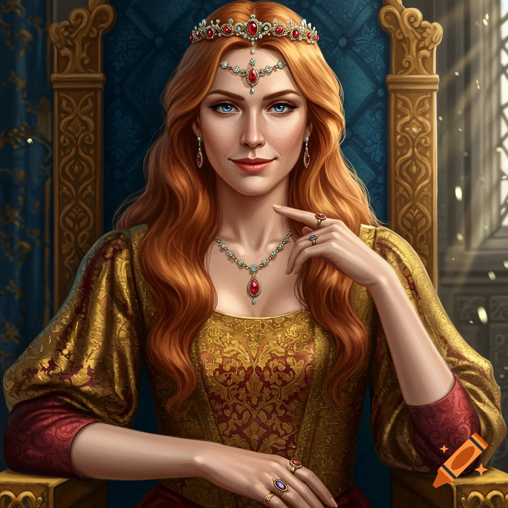 A woman with long red hair and a jeweled crown sits on a throne ...