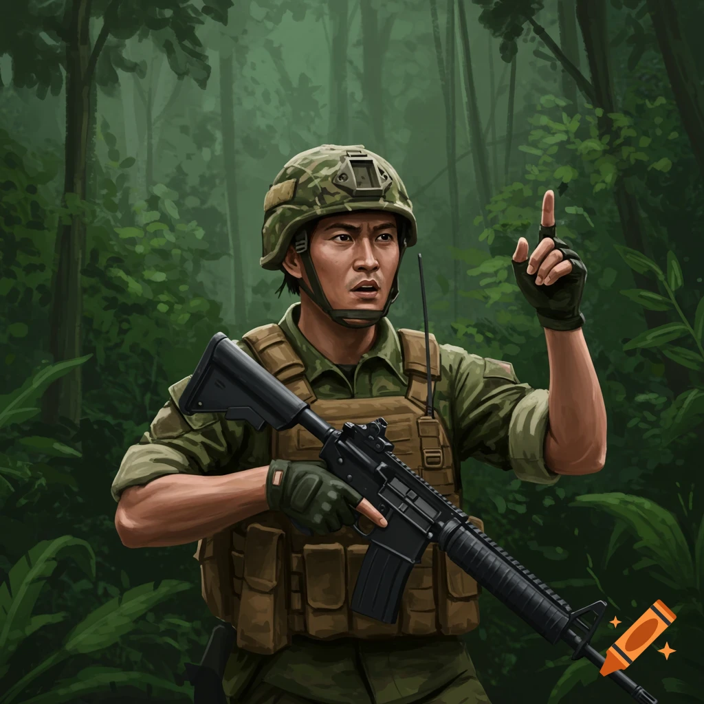 Illustration of an Asian soldier in a jungle holding a rifle and ...