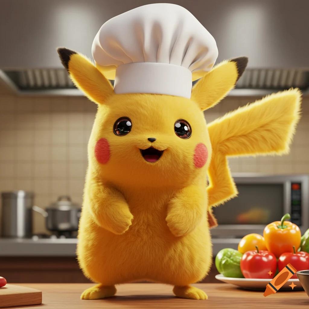 Pikachu wearing a chef hat in a kitchen on Craiyon