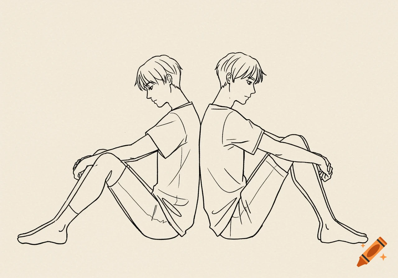 Black outline anime drawing of two young men sitting back to back. on ...