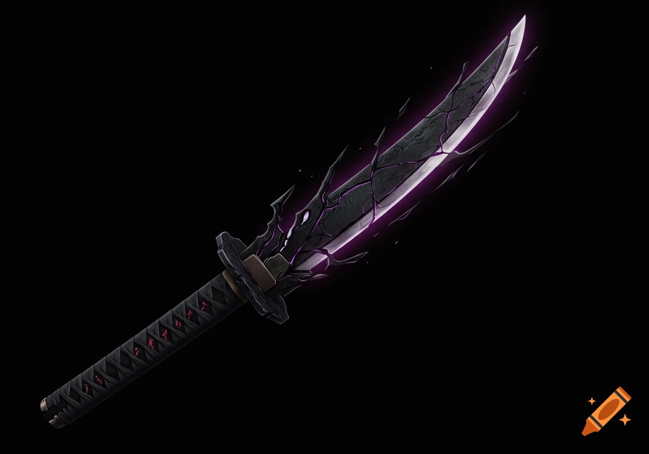 A dark fantasy sword with glowing purple cracks and rune-like symbols ...