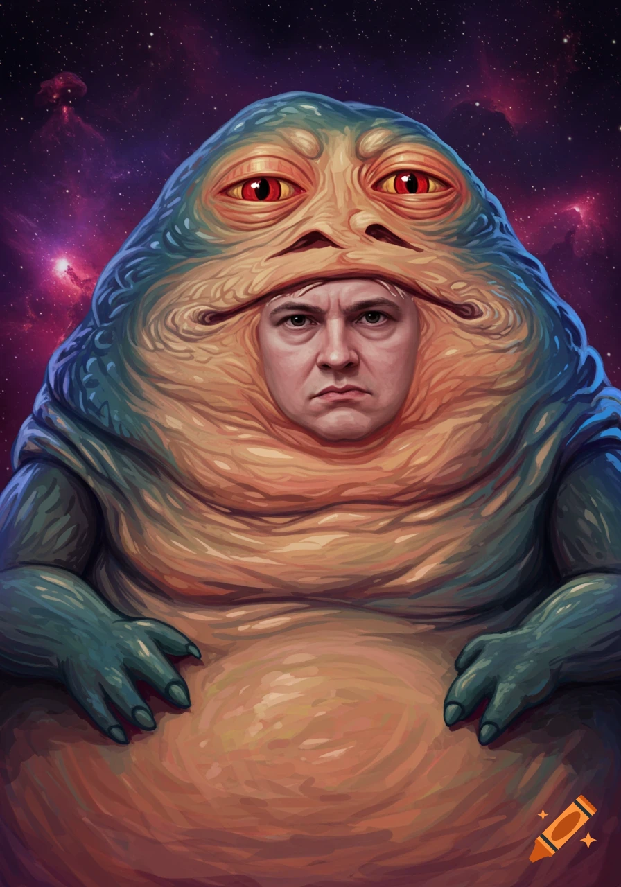 Illustration of Jabba the Hutt with a human head in space. on Craiyon