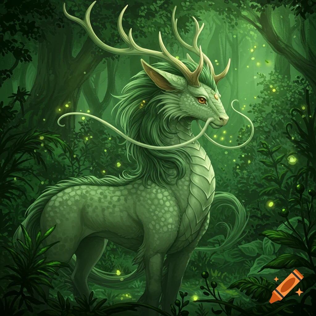A green, scaled kirin-like creature with antlers stands in a magical ...