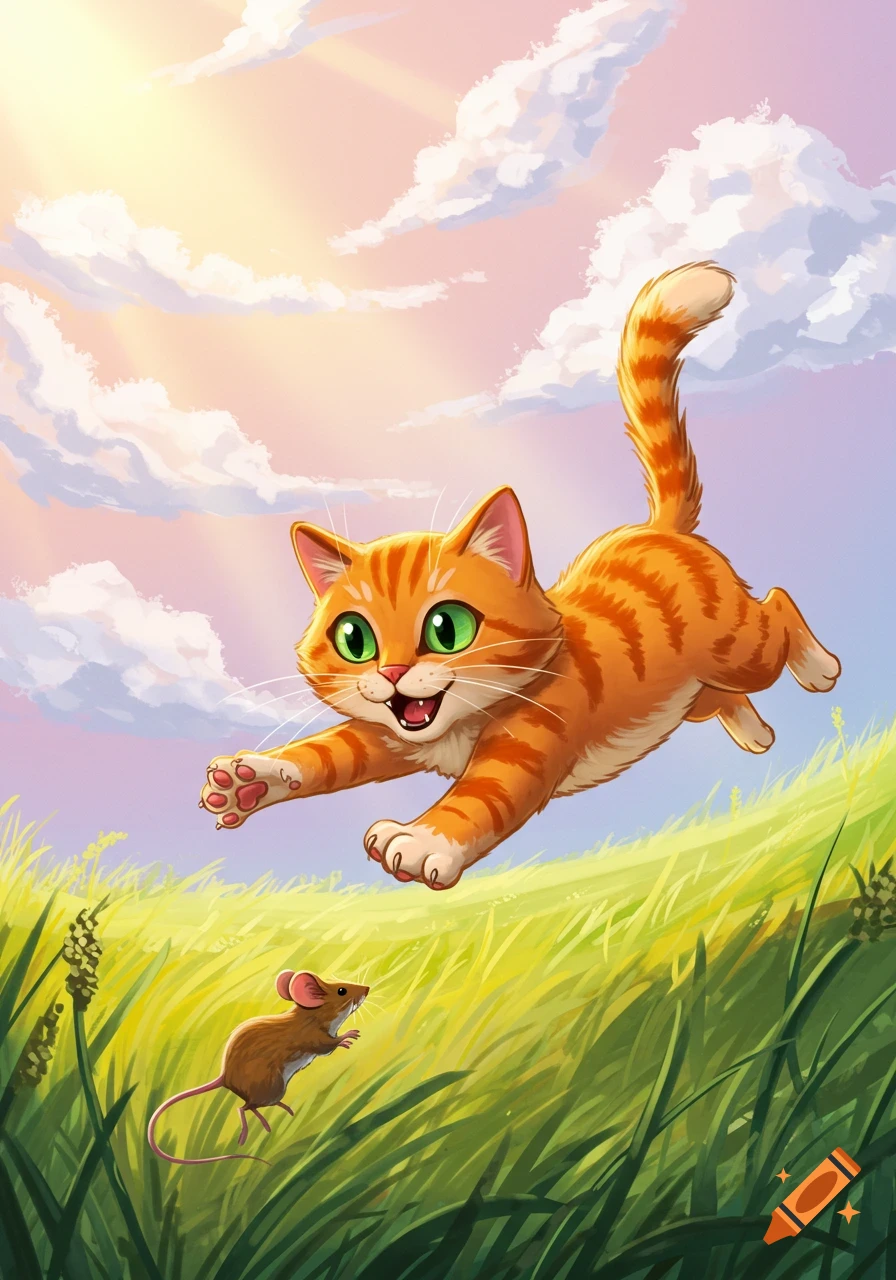 Cartoon ginger cat leaping after a mouse in a grassy field at sunset ...