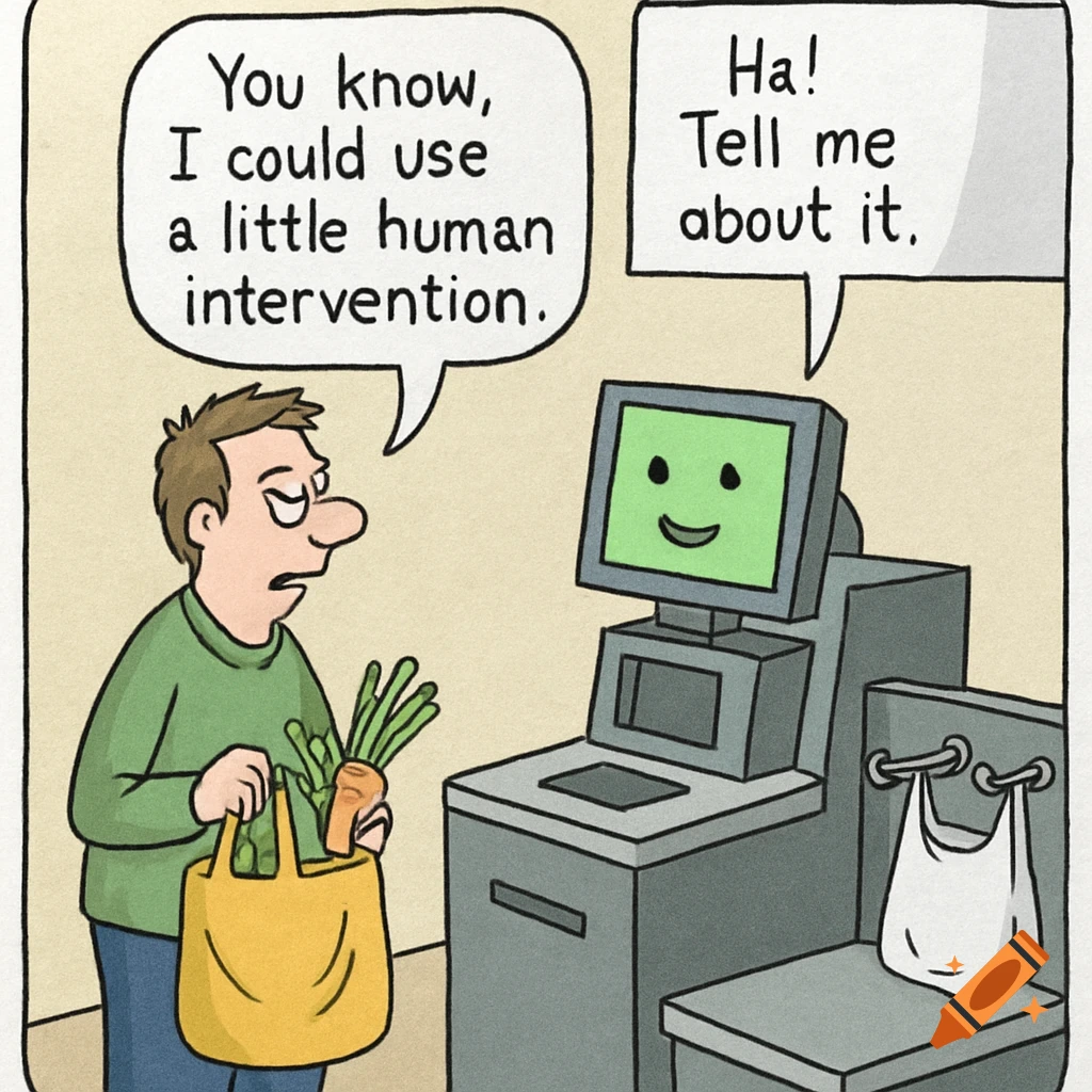 Cartoon of a man at a self-checkout machine with groceries, saying "You ...