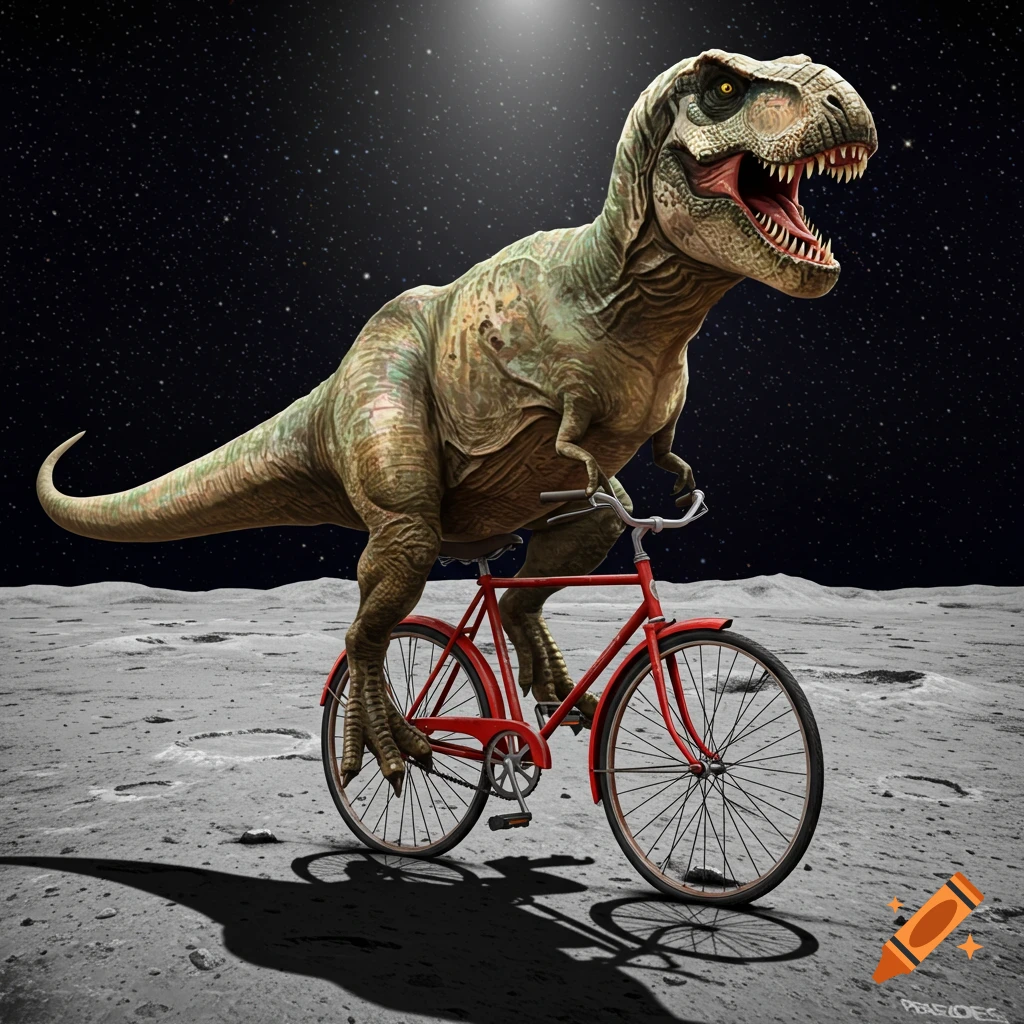 A realistic Tyrannosaurus Rex rides a red bicycle across the surface of ...