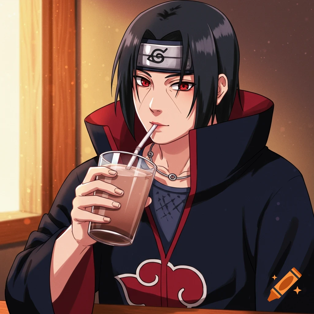 Anime drawing of Itachi Uchiha from Naruto drinking a beverage. on Craiyon