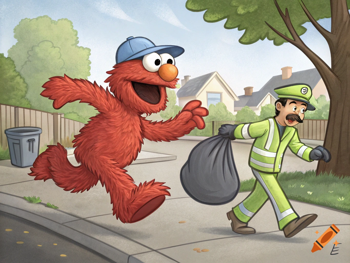 Cartoon illustration of Elmo in a baseball cap running after a garbage ...