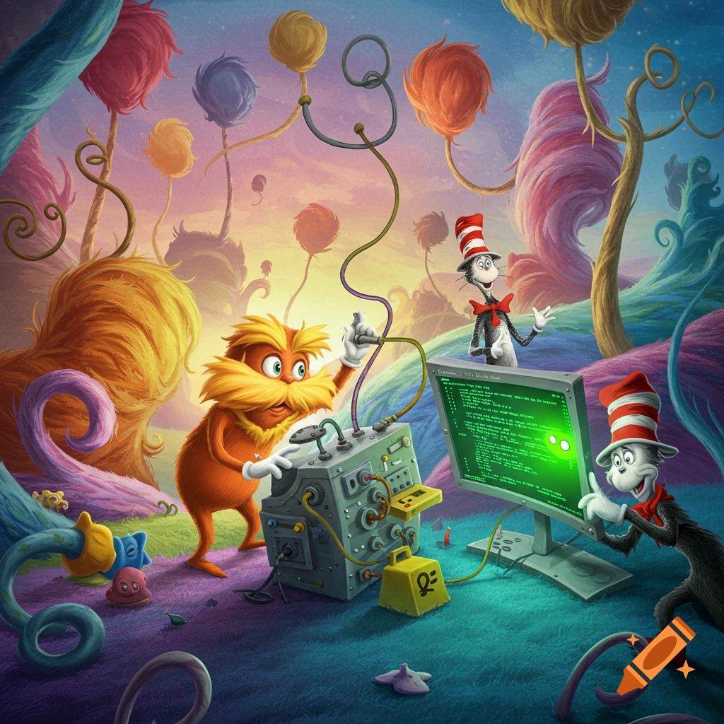 The Lorax and Cat in the Hat troubleshoot a computer in a colorful Dr ...