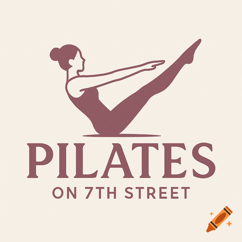 Simple logo with a silhouette doing pilates and text 'PILATES ON 7TH ...