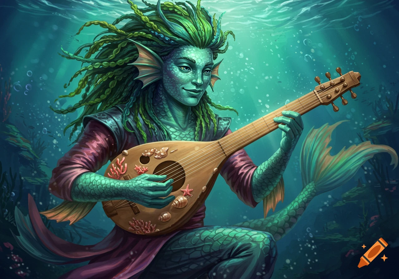 A green-scaled merman with dreadlocks plays a lute underwater in a ...