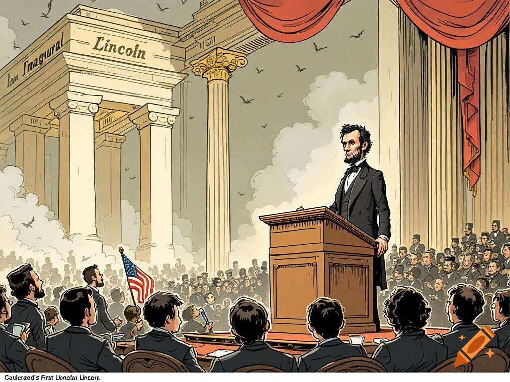 Abraham Lincoln gives a speech at his inaugural address in a cartoon ...
