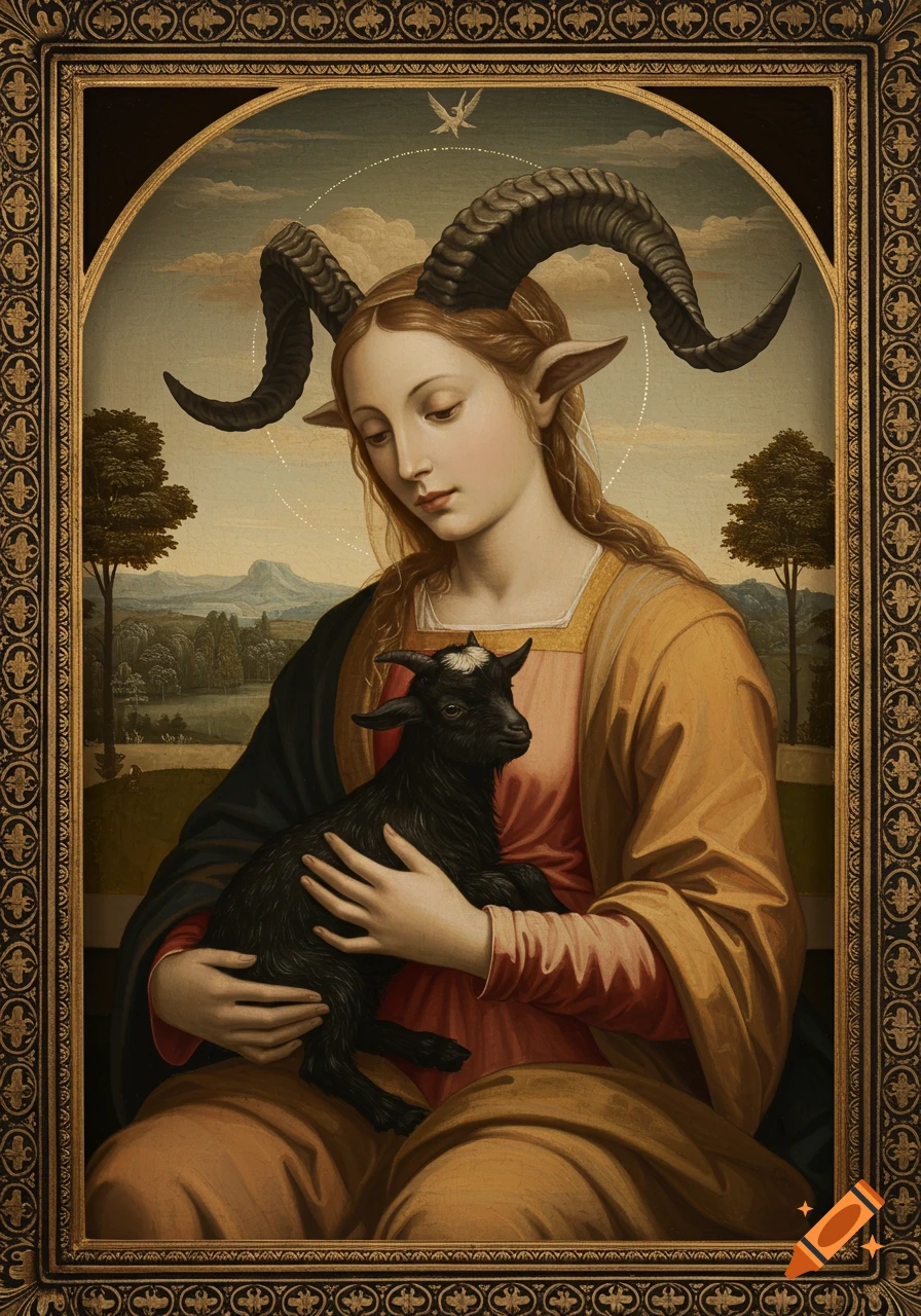 Renaissance painting of a figure with goat horns and ears holding a ...