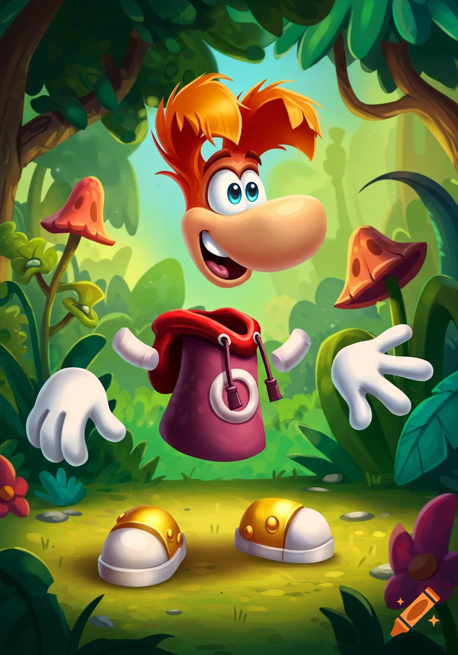 Rayman with connected limbs stands in a bright jungle. on Craiyon