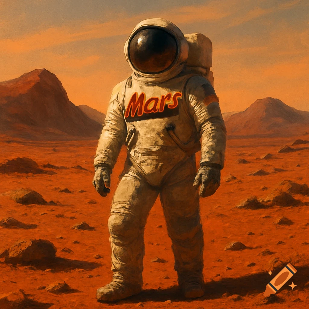 An astronaut stands on the surface of Mars with a Mars logo on their ...